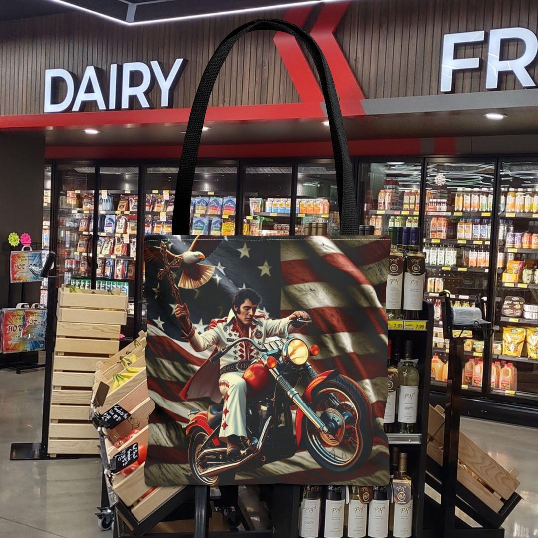 Elvis Presley Motorcycle Tote Bag - American Flag Polyester Reusable ...