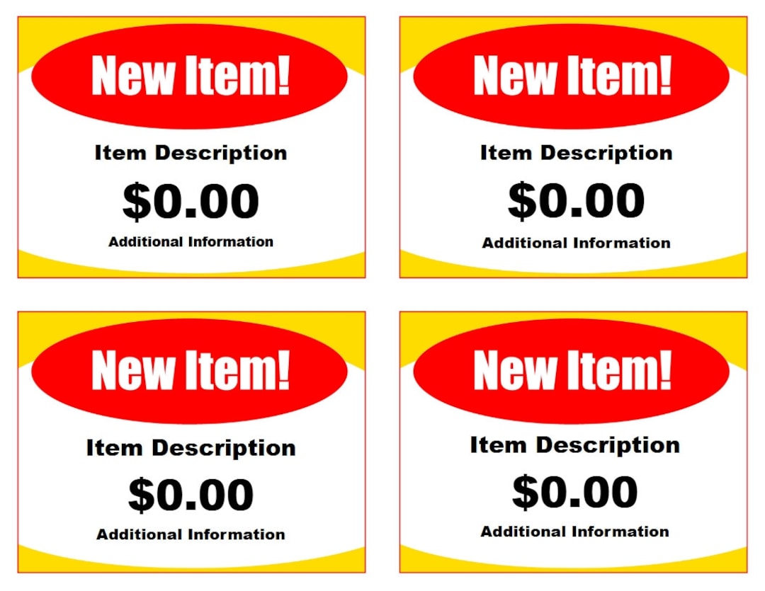 Editable "new Item!" Sign Template (red/yellow 4 Up) Microsoft Word ...