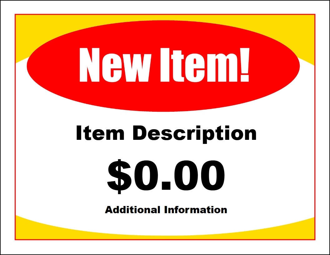 Editable "new Item!" Sign Template (red/yellow 1 Up) Microsoft Word ...