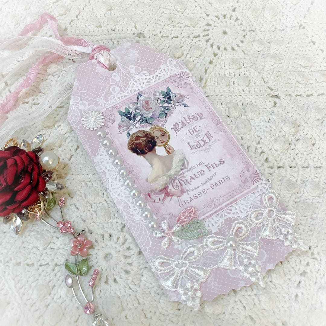 Vintage French Bookmark Gift Tag Pink Embellished Journal Tag - Etsy