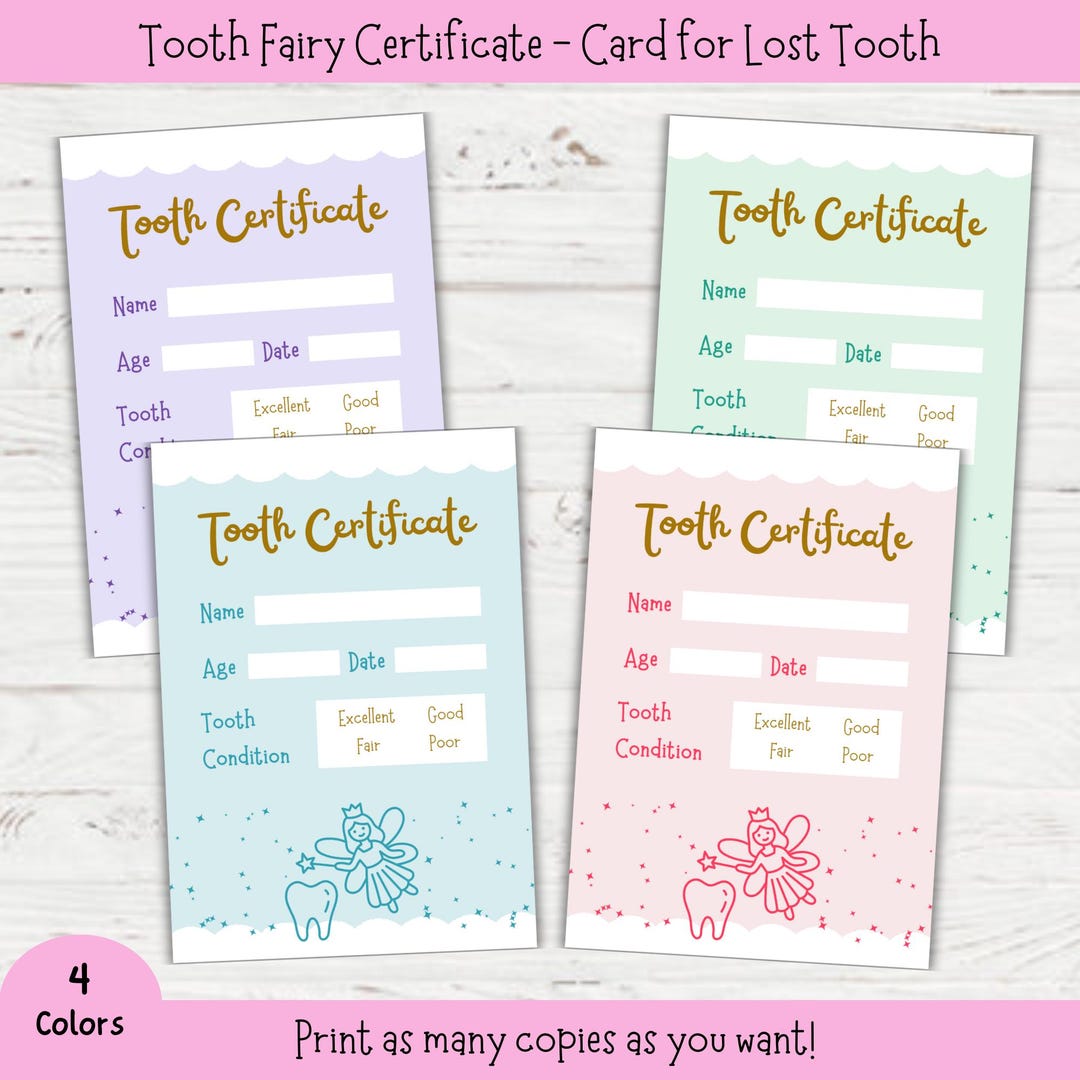 Tooth Fairy Certificate Printable Card in 4 Colors, First Tooth ...