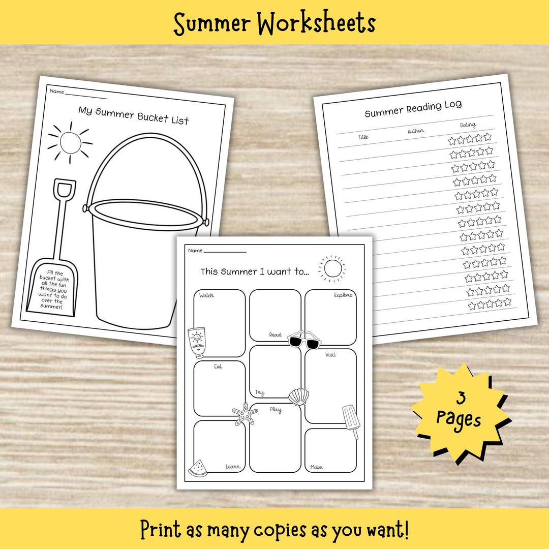 Summer Worksheets Bucket List Activity, Reading Log, Kids Printable ...