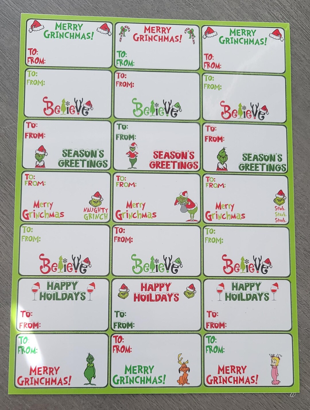 Grinch Gift Tag Sticker Sheet Green Christmas Festive Labels Funny ...