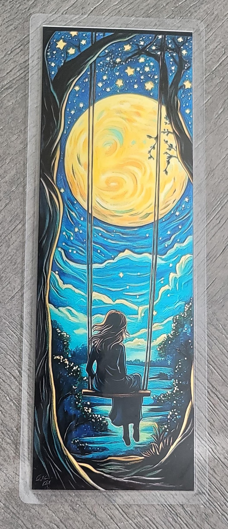 Moonlit Swing Bookmark – Night Sky Reading, Dreamy Girl Under Tree ...