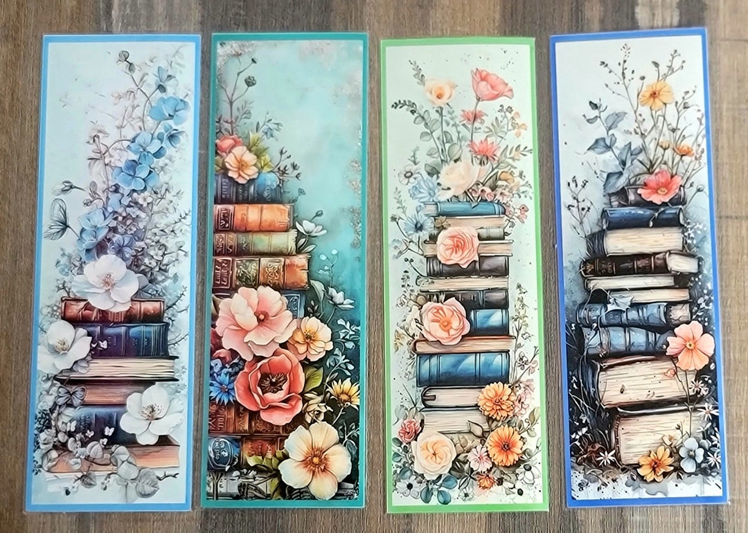 Laminated Bookmarks, Stacked Books, Floral Designs, Book Accessories - Etsy