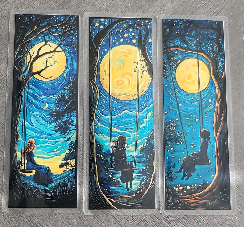 Moonlit Swing Bookmark – Night Sky Reading, Dreamy Girl Under Tree ...