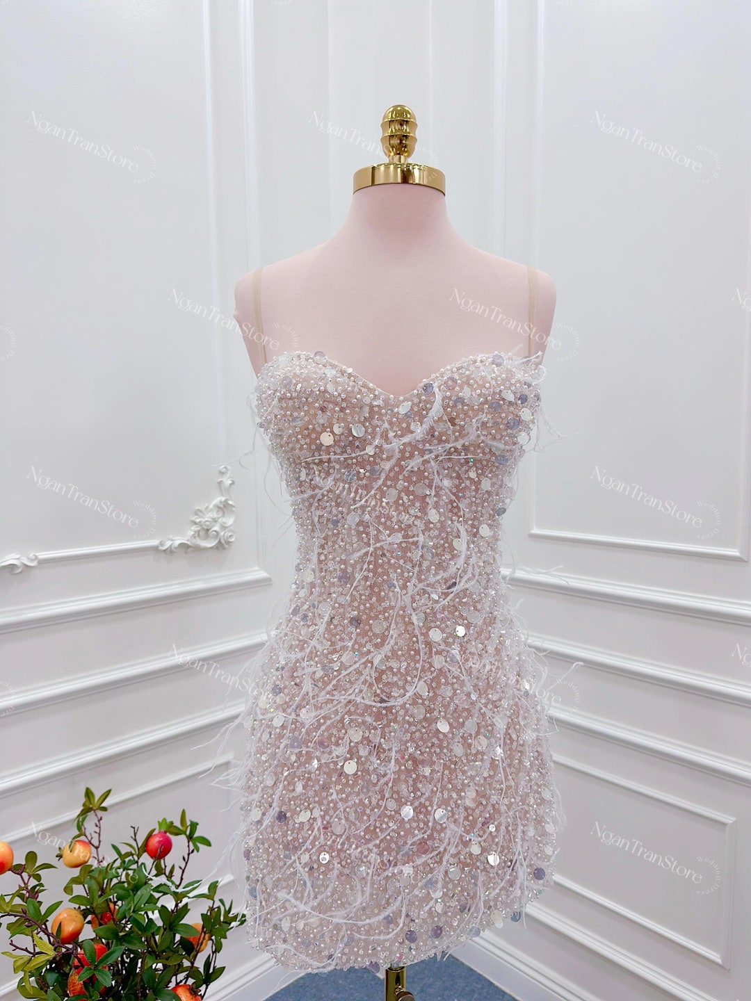 Handmade Rhinestone Mini Wedding Dress: Custom Sparkly Beige Short ...