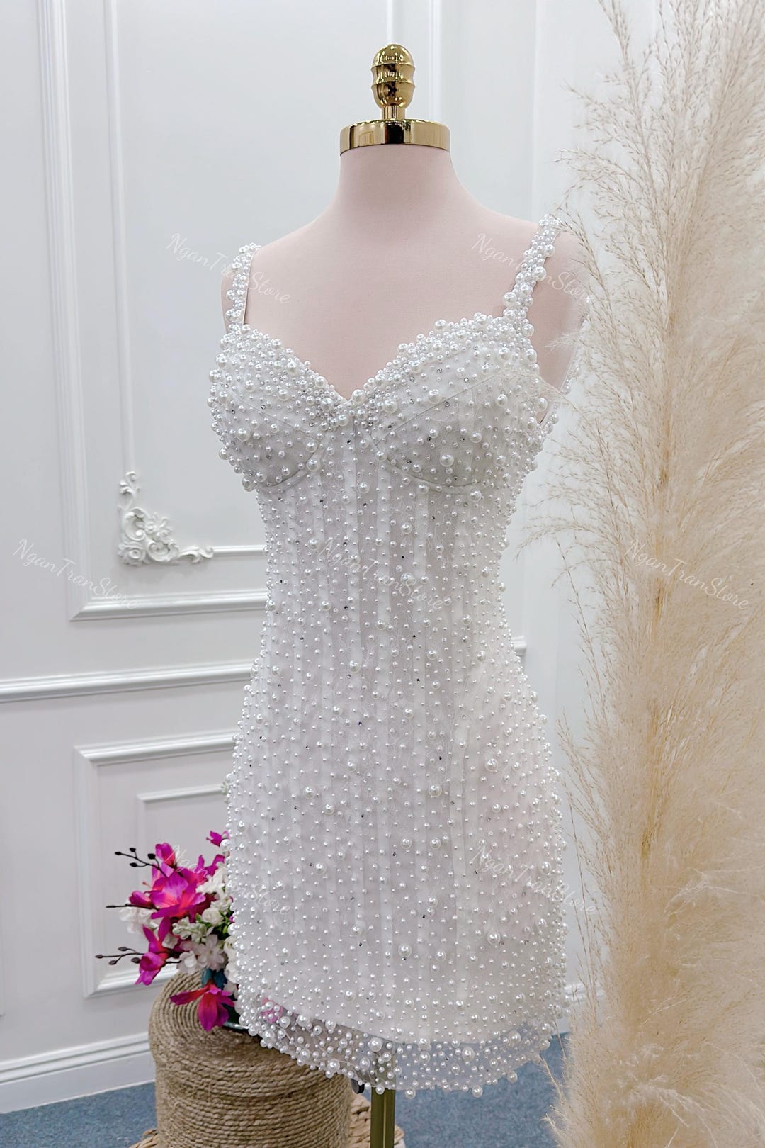Pearl and Beaded Short Wedding Dress. Custom Made Short Wedding Dress ...
