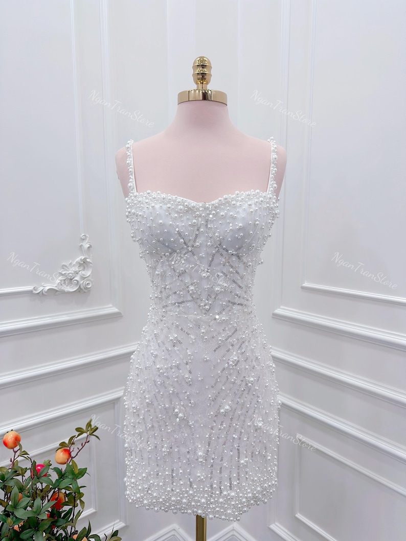 Short Wedding Dress With Pearls & Sequins | Sparkly Corset Mini Dress ...