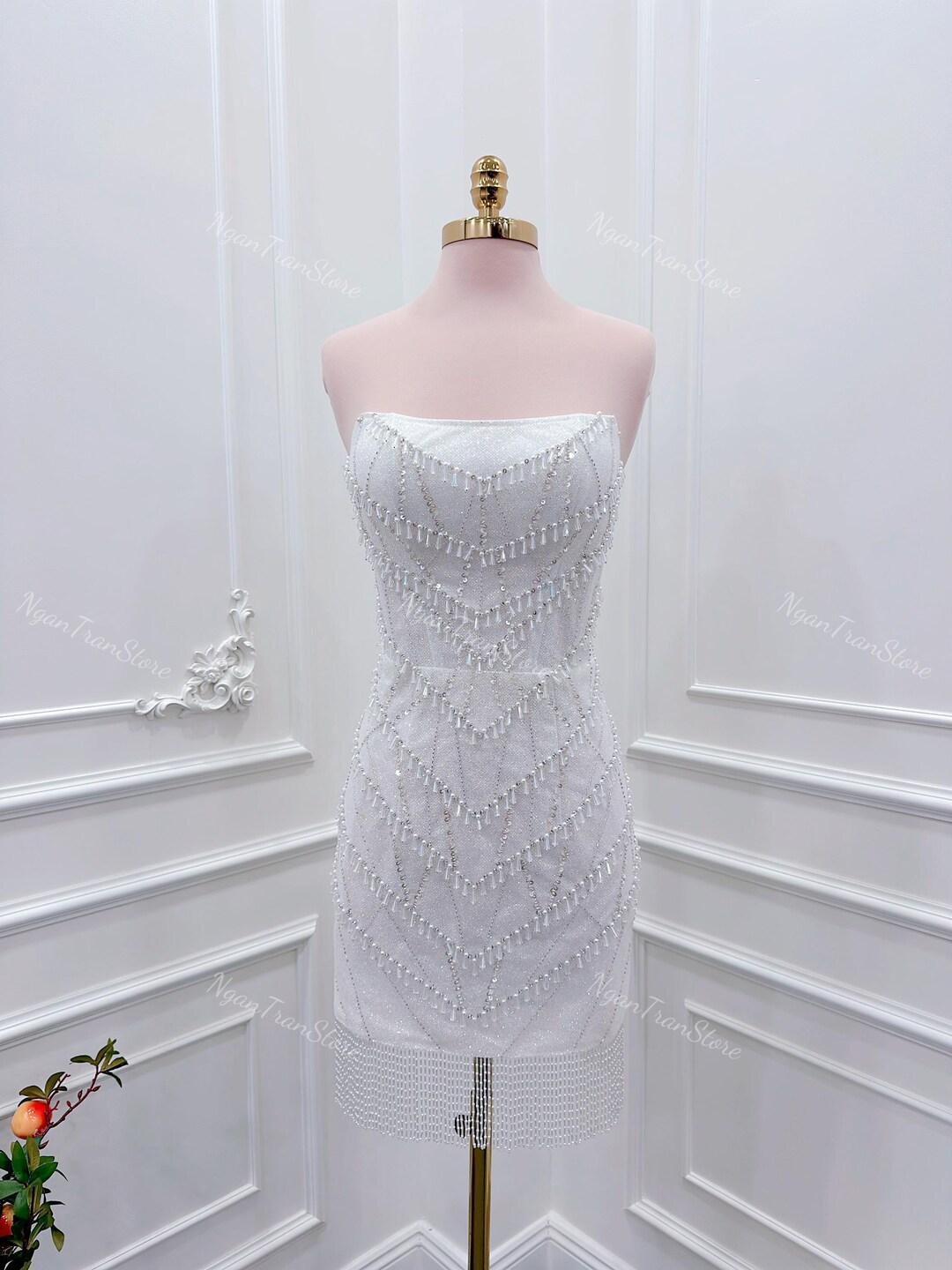 Short Wedding Dress With Pearl Beads on Sparkling Lace Fabric. Custom Wedding Dresses for Brides ...