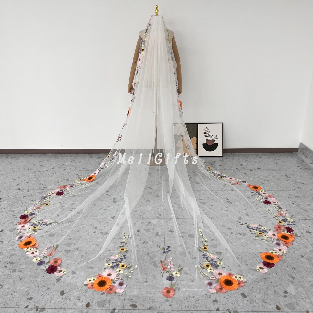 Orange Sunflowers Cathedral Wedding Veil, Pink Yellow Purple Colorful ...
