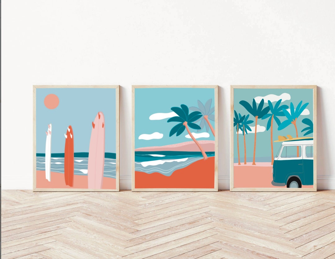 3er Set Strand Art Prints Tropische Landschaft Surf Kunst Palme