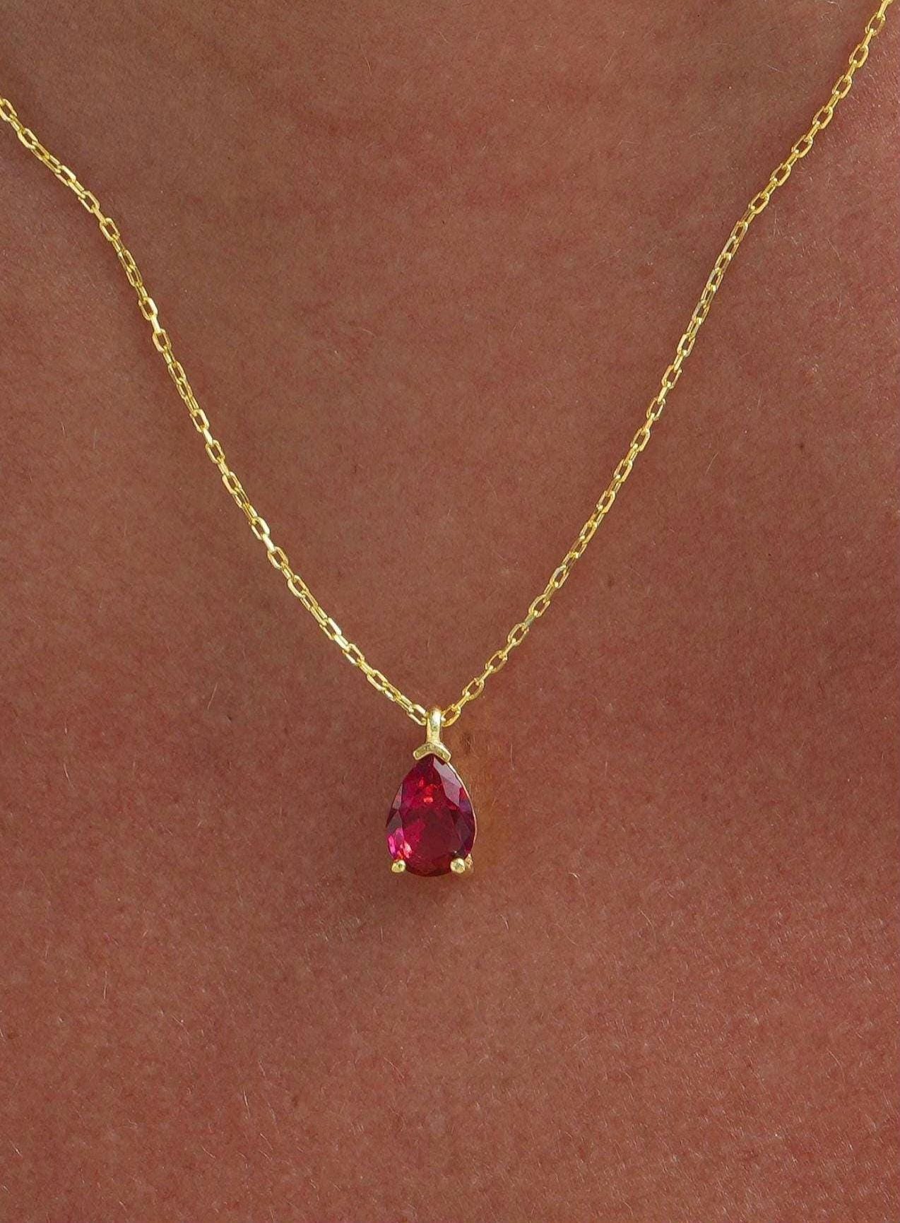 Birth Month Teardrop Red Stone Necklace, Dainty Ruby July Necklace, Red ...