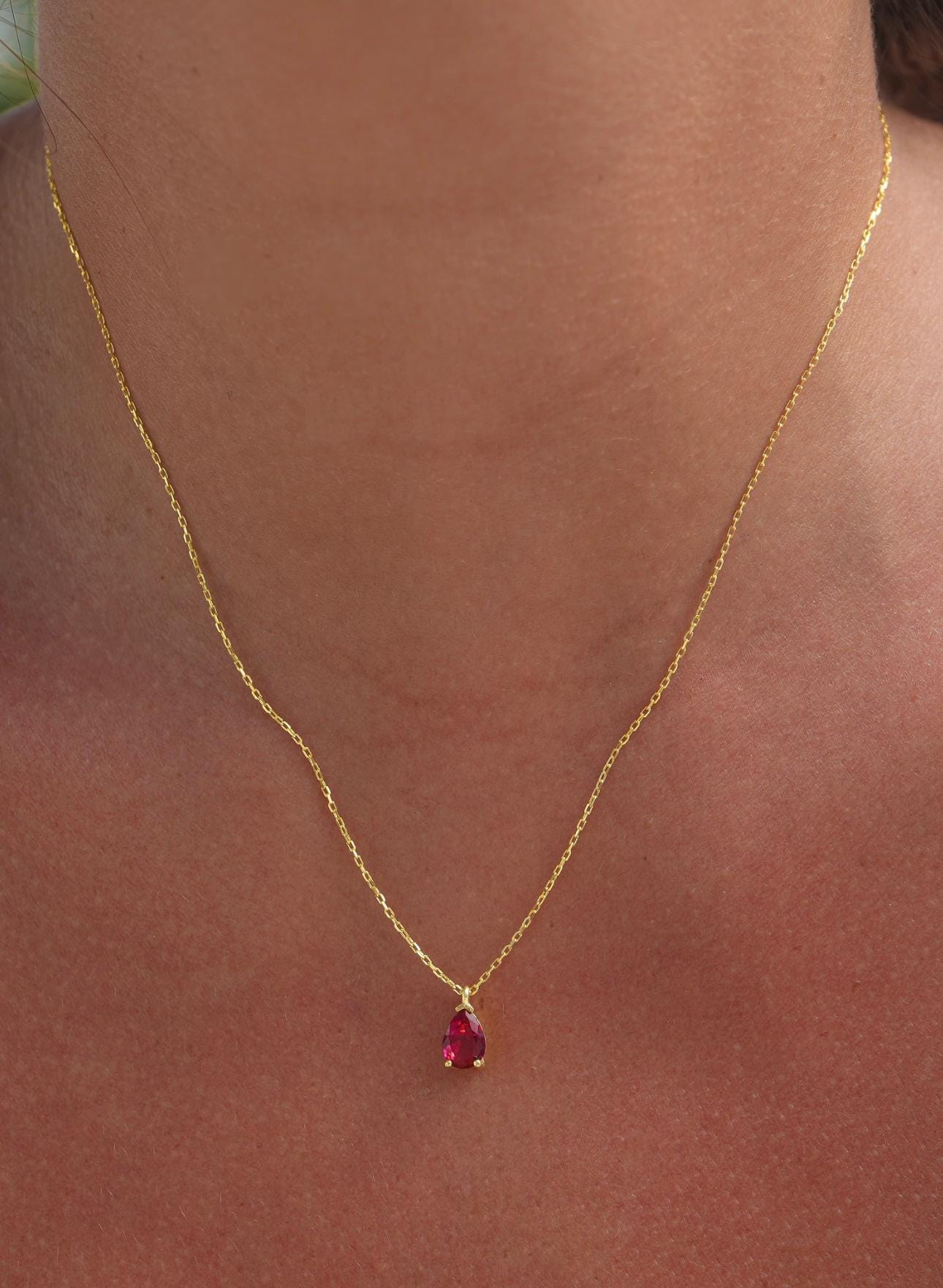 Birth Month Teardrop Red Stone Necklace, Dainty Ruby July Necklace, Red ...