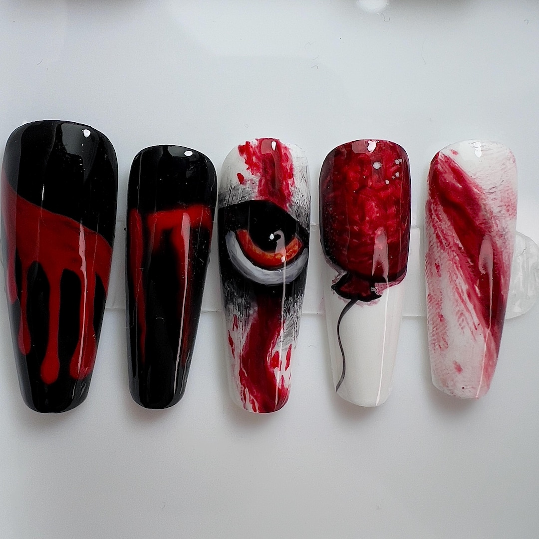Halloween Nails Pennywise Nails Handpainted Press on False Nails Horror ...