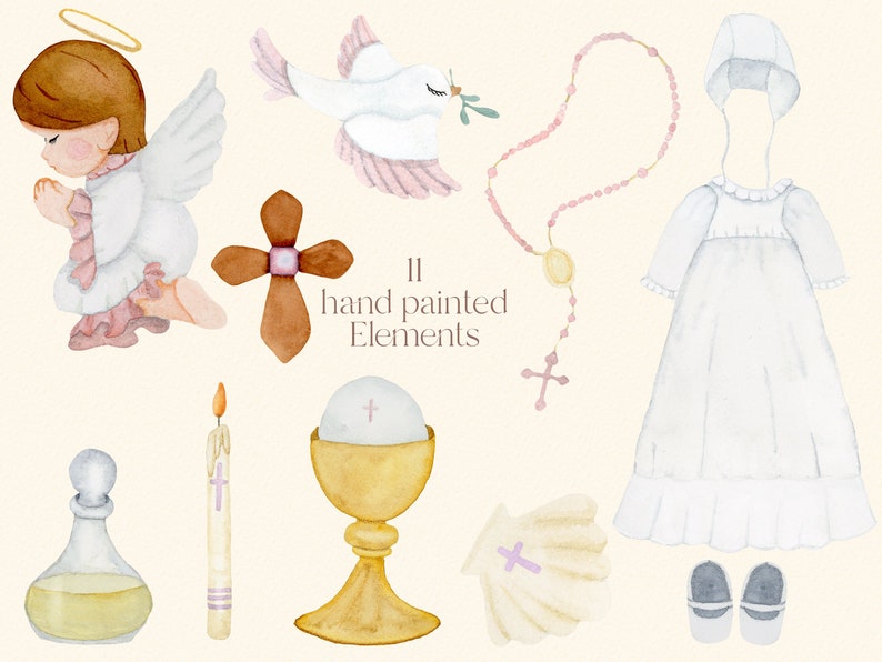DIGITAL Girl Baptism Watercolor Set, Baby Girl, Clipart, PNG Elements ...