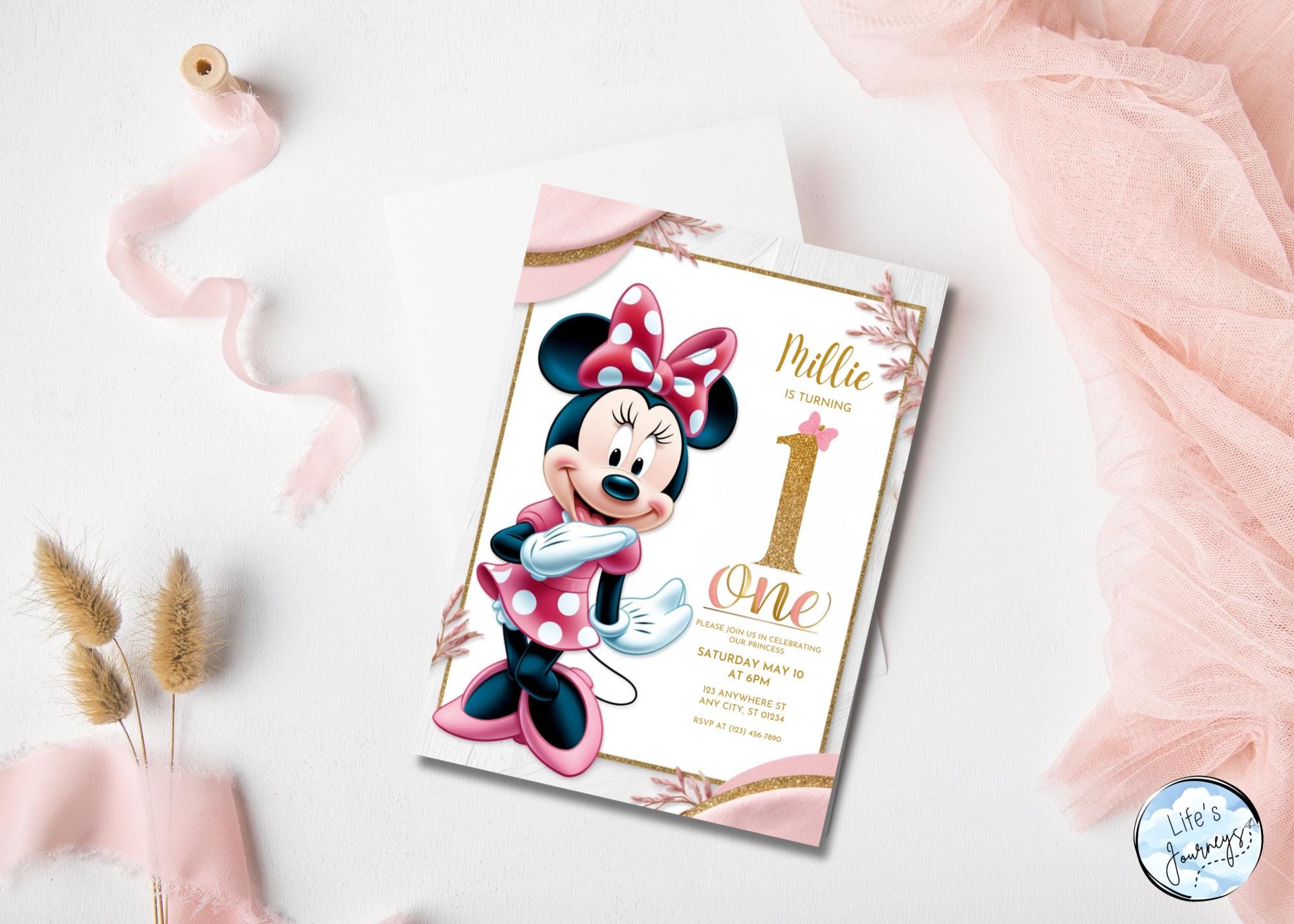 Minnie Mouse 1st Birthday Invitation Editable Digital Download, Gold ...