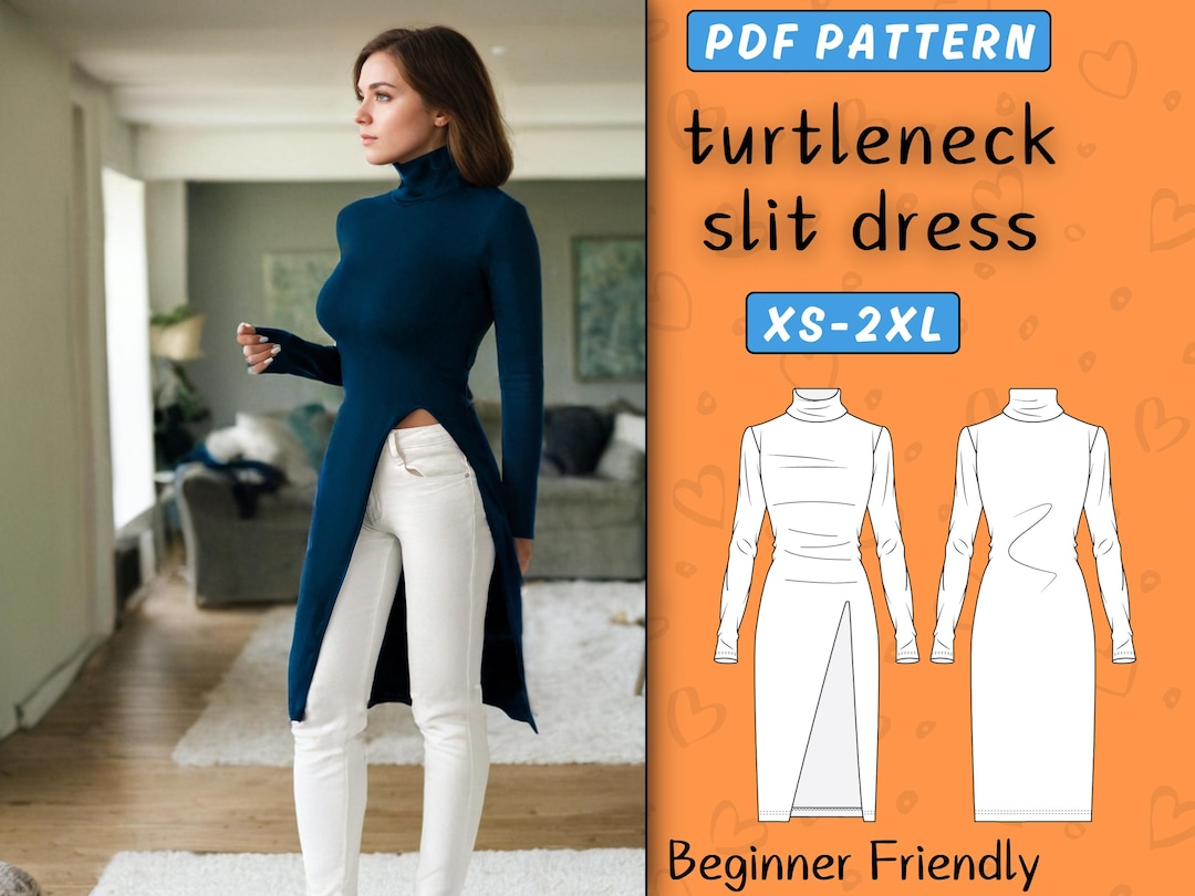 Turtleneck Slit Dress Pattern | Bodycon Long Sleeve Dress Sewing ...