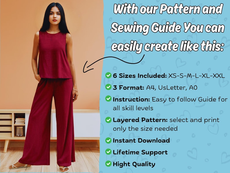 Loungewear Set PDF Sewing Pattern, Tank Top + Wide Leg Pants Pattern ...