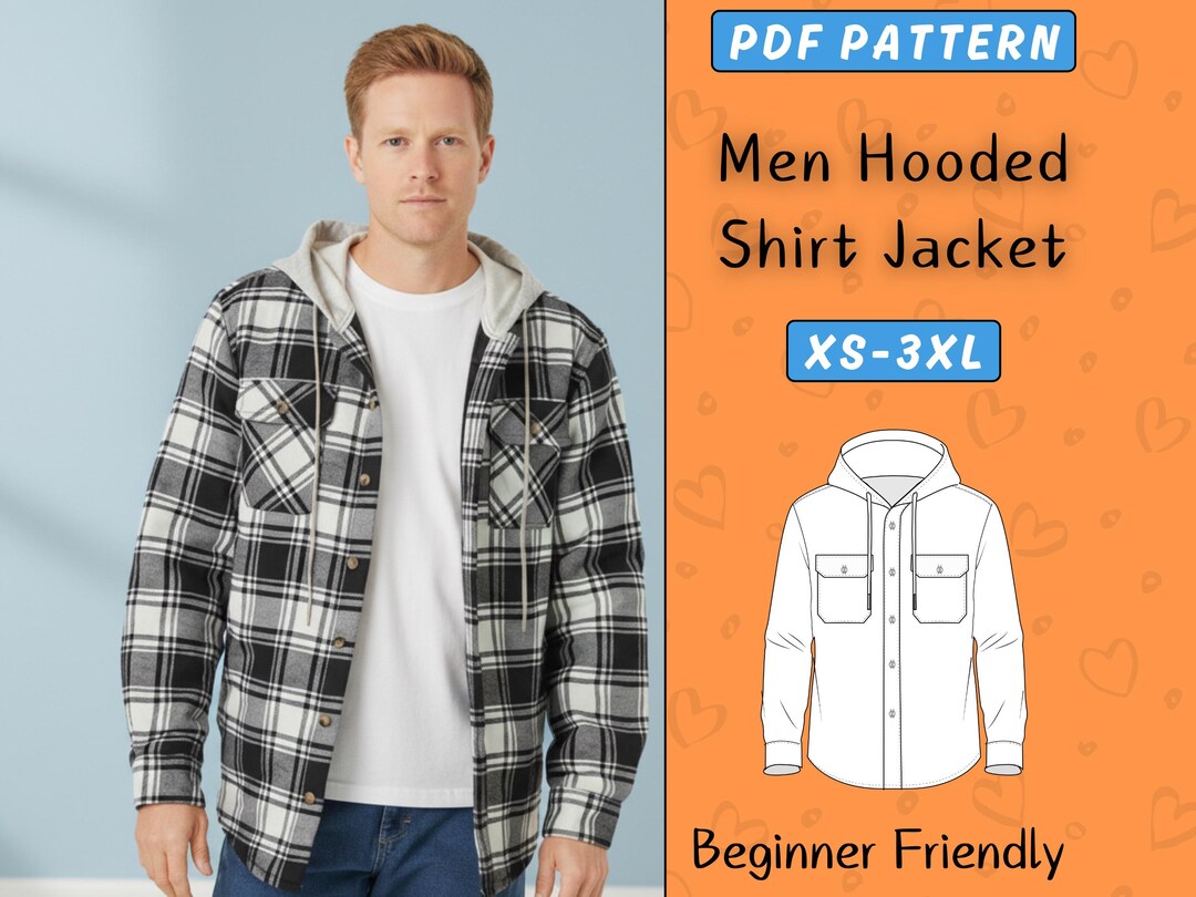 Men Hooded Shirt Jacket Pattern PDF | Winter Lined Jacket Sewing ...