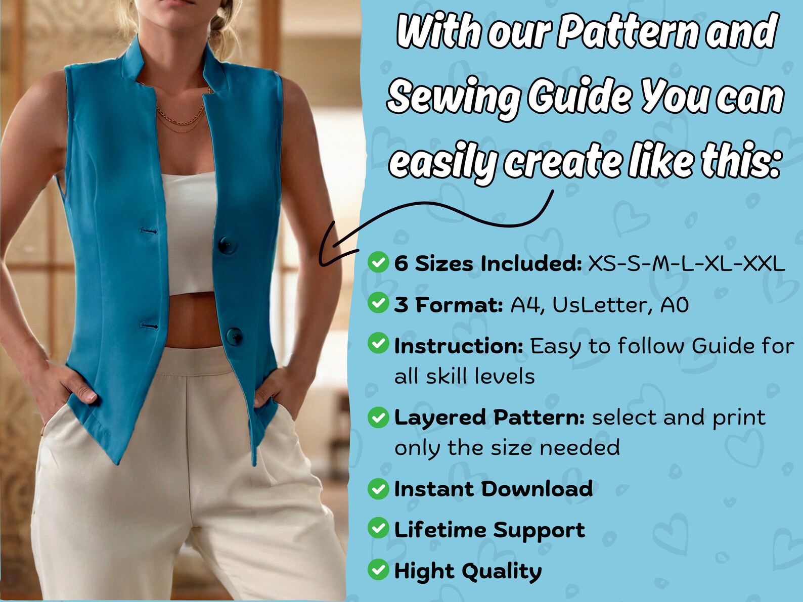 Vest Sewing Pattern PDF, Cropped Vest Waistcoat Pattern, Easy Women Pdf ...
