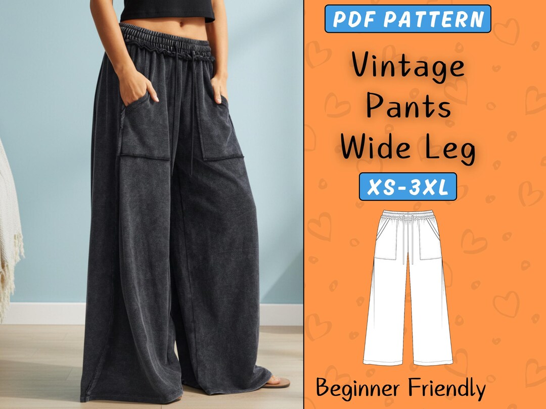 Vintage Wide Leg Pants Sewing Pattern, High Waisted Women Trousers With ...