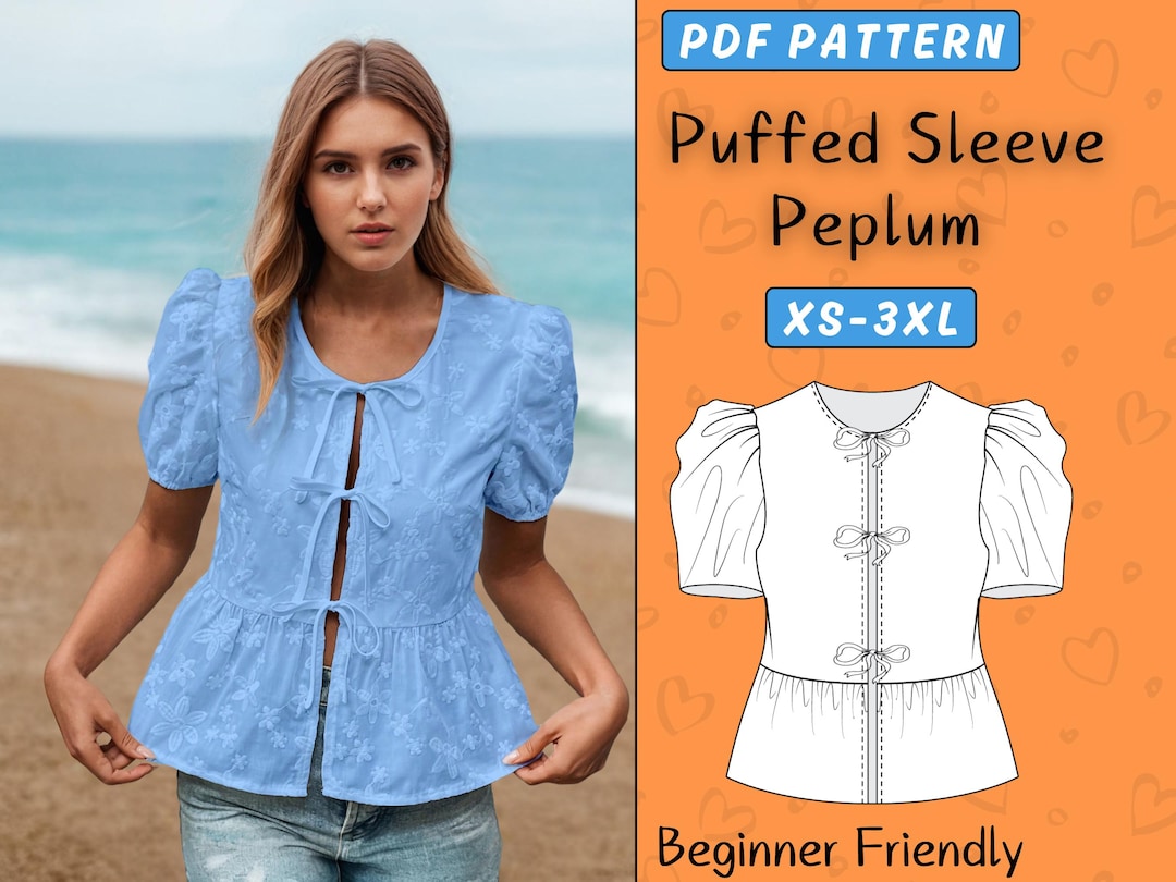 Puffed Sleeve Peplum PDF Top Pattern | Tie Front Blouse Sewing Pattern ...