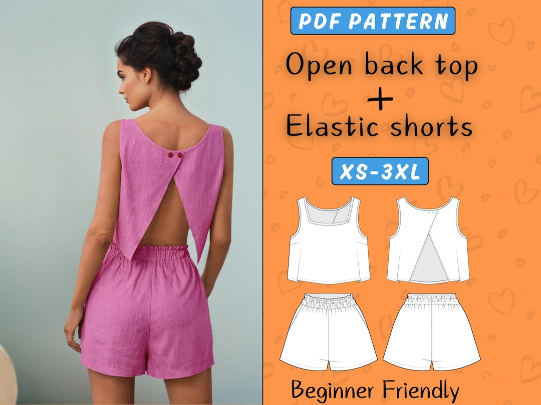 Open Back Top + Easy Shorts Sewing Pattern | Square Neck Crop Top and ...