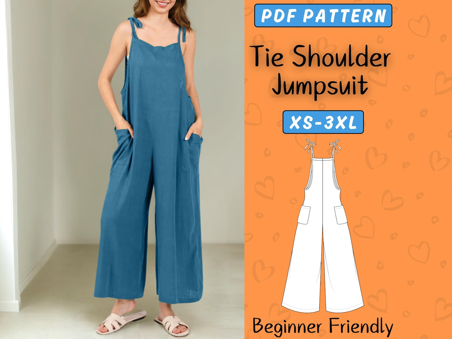 Jumpsuit Sewing Pattern Women, Tie Shoulder Overall Jumpsuit Beginner ...