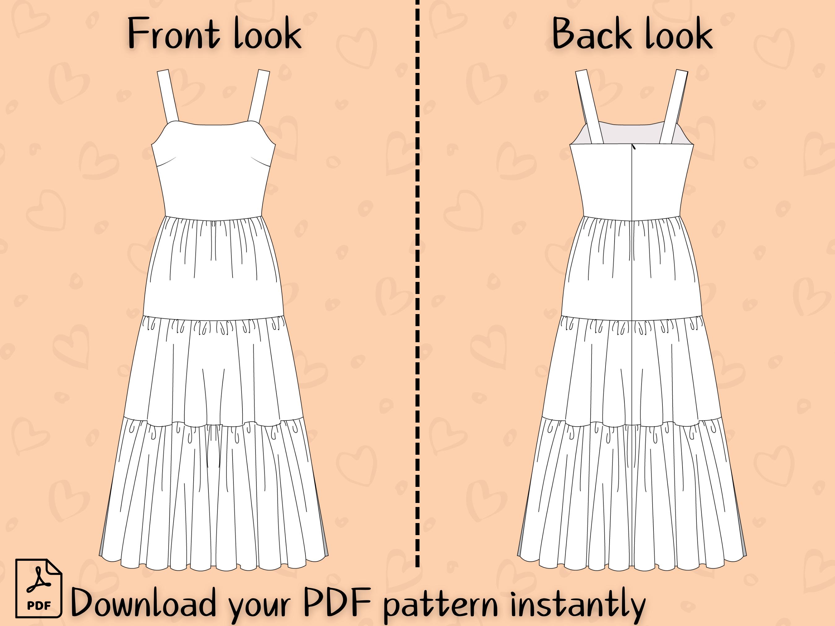 Tiered Dress Pattern | Square Neck Maxi Dress PDF Sewing Pattern | XS ...