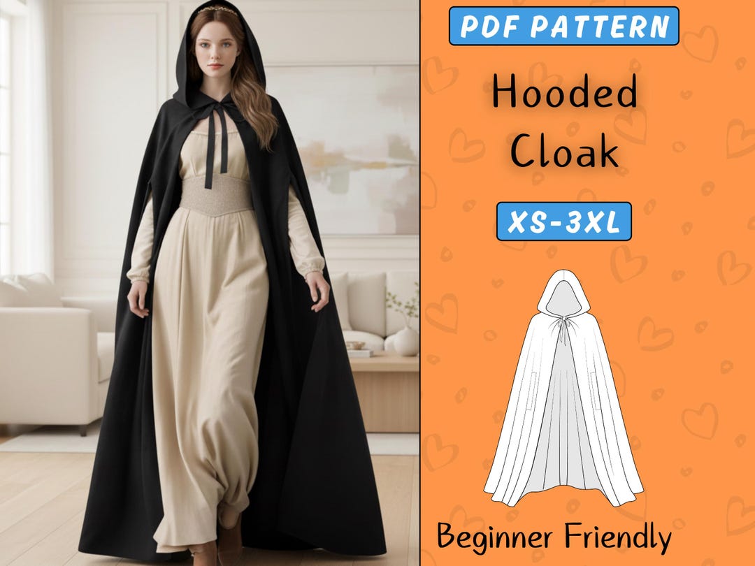 Hooded Cloak Sewing Pattern, Women Medieval Hooded Long Cape PDF ...
