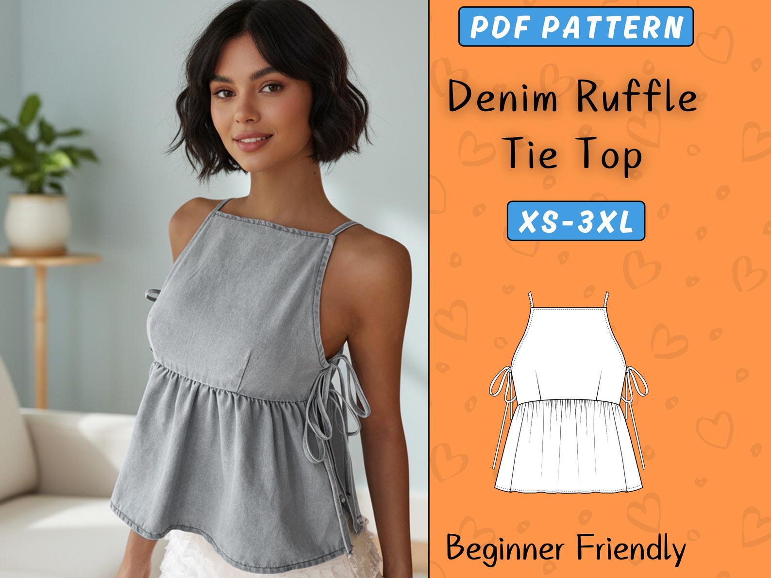 Denim Ruffle Tie Top Sewing Pattern | Side Tie Top Pdf Pattern | Denim ...