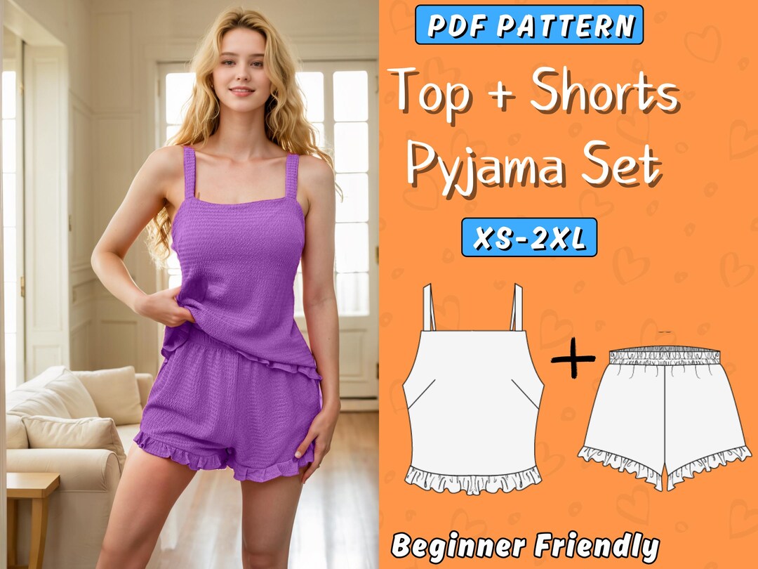 Top Shorts Pyjama Set Sewing Pattern Sleepwear Women's Elastic Wide Leg ...