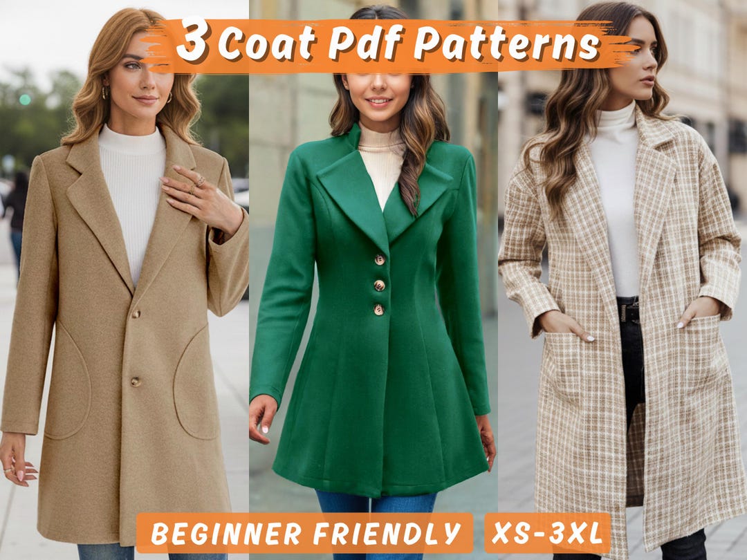3 Coat Sewing Patterns | Women’s Long Overcoat PDF Patterns | Wool ...