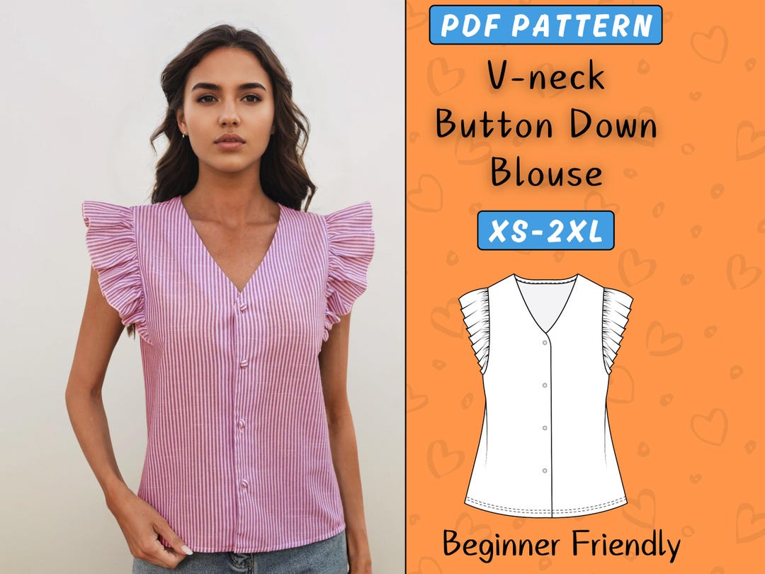 V Neck Button Down Top Blouse Pattern, Women Sleeveless Blouse Sewing ...