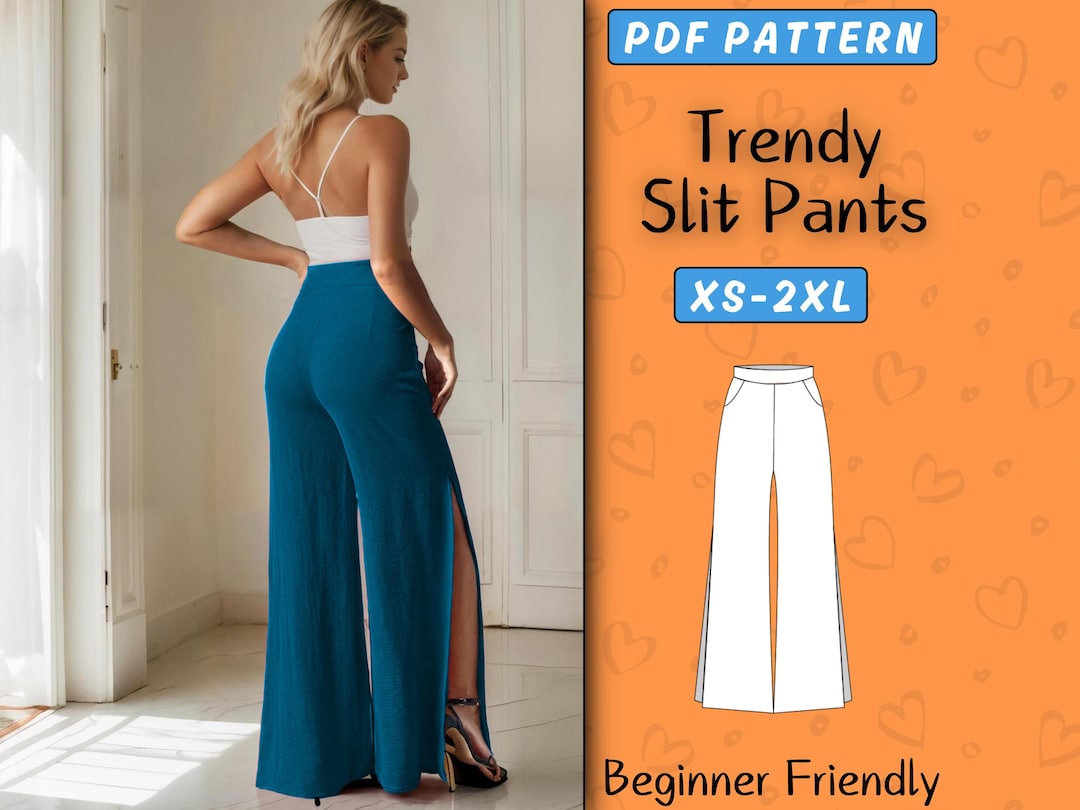 Slit Wide Leg Pants Sewing Pattern, Beginner Women Comfy Pants PDF ...