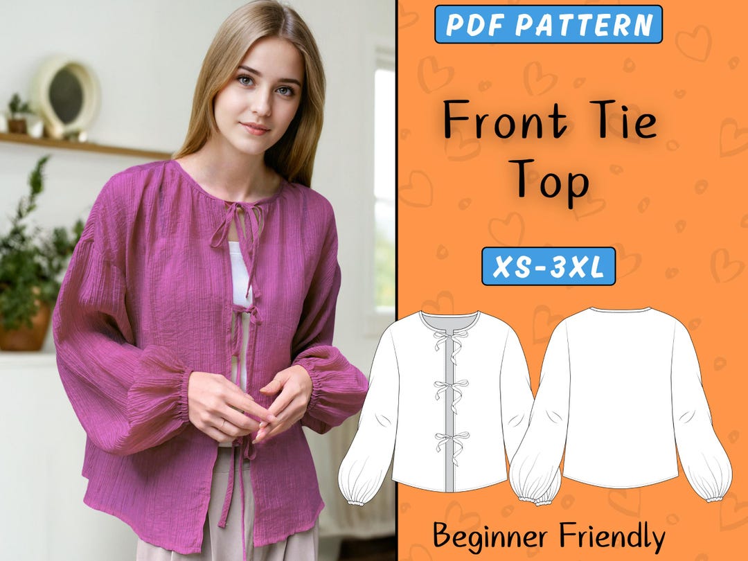 Tie Front Blouse Sewing Pattern: Puffed Sleeve Peplum Top (PDF Pattern ...