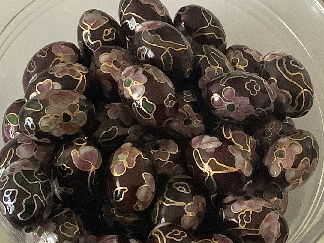 Vintage Small Dark Maroon Oval/egg Shape Cloisonne Beads With Pink ...