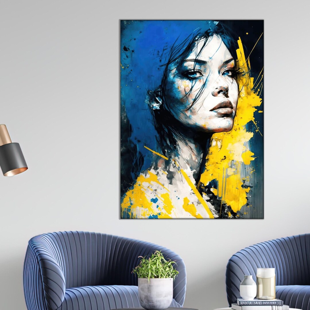 Blue & Yellow Abstract Woman Portrait: Modern Expressionist Canvas Art ...