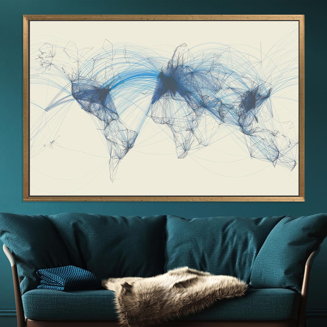 Air Traffic Map Canvas: Abstract Aviation Art, Blue World Map - Etsy