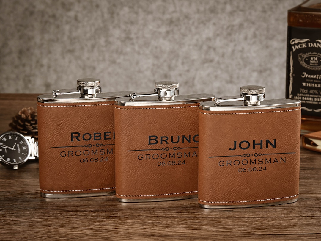 Personalized Flask for Men, Groomsmen Flasks, Engraved Leather Flask ...