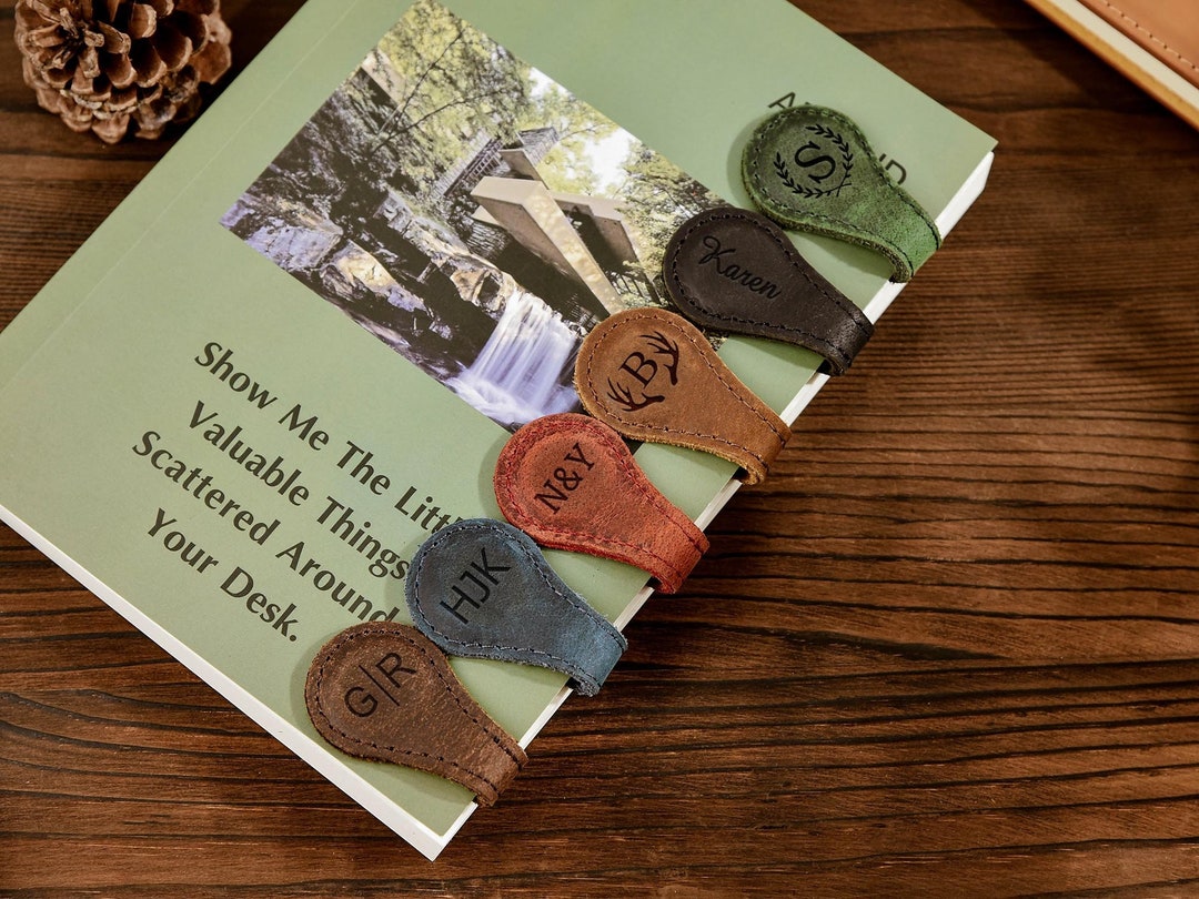 Custom Initials Engraved Leather Bookmark: Personalized Magnetic Page ...