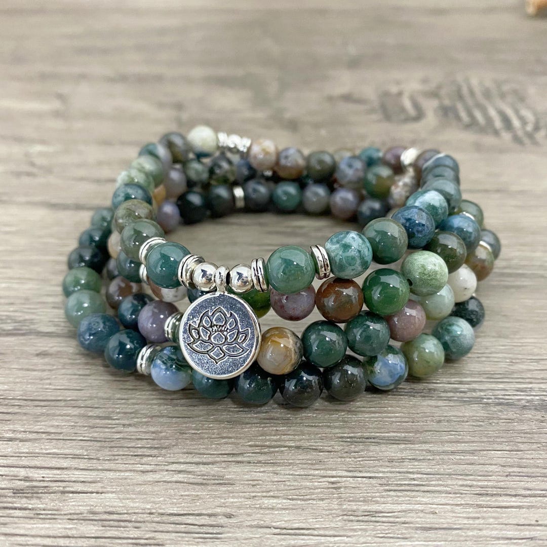 Natural Moss Agate Bracelet: 108 Prayer Beads, Jasper Meditation ...