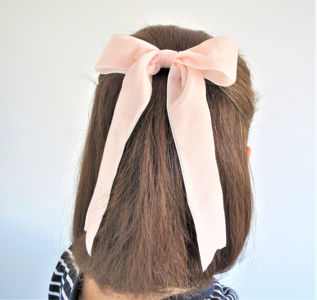 Blush Pink Velvet Long Bow, Long Tail Bow Clip, Barrette Bow, Bow With ...
