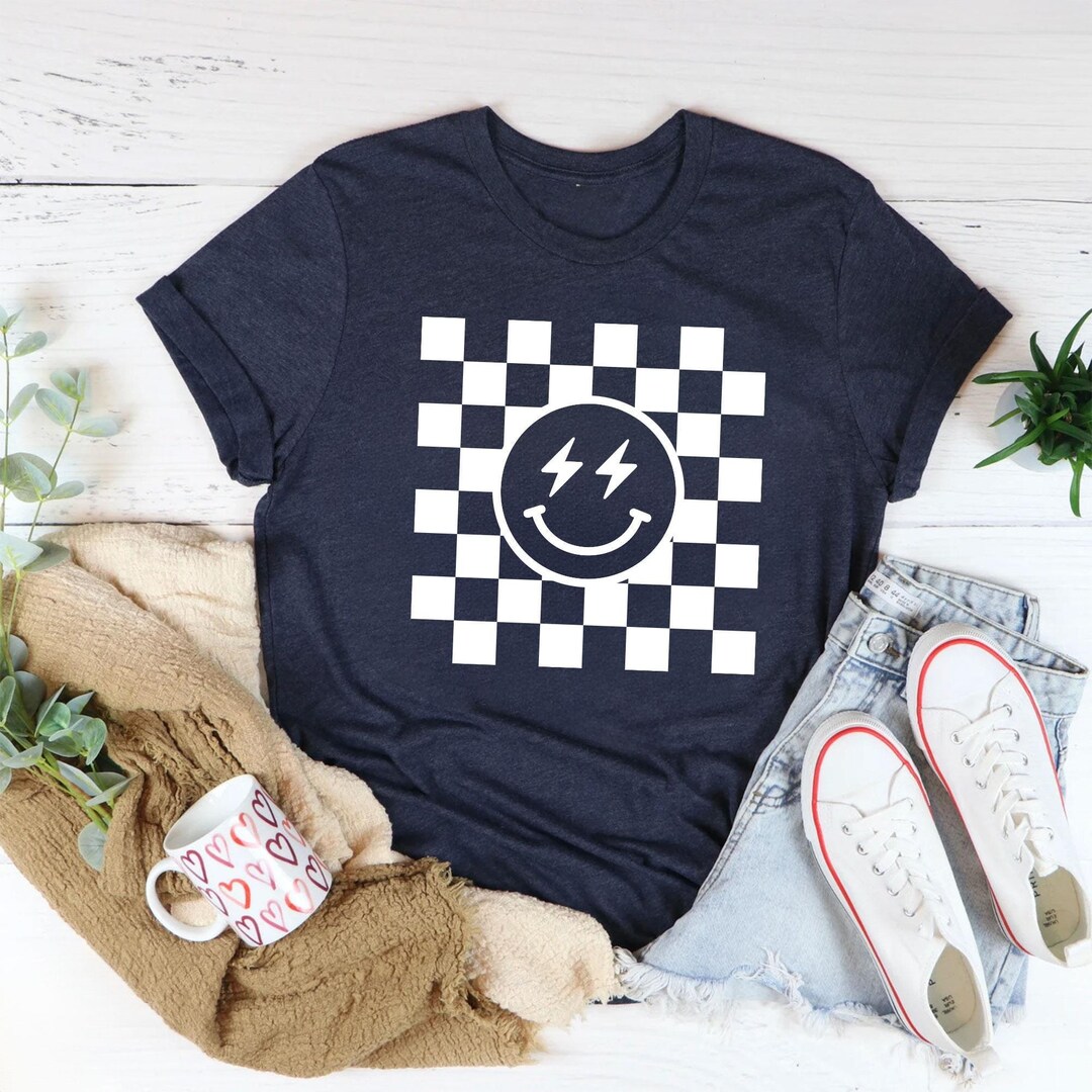 Checkered Pattern Smile Face Shirt, Retro Smiley Face Shirt, Happy Face ...