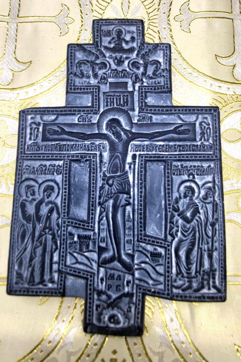 Antique Orthodox Triple Cross Icon: Jesus Christ Crucifixion, Theotokos ...