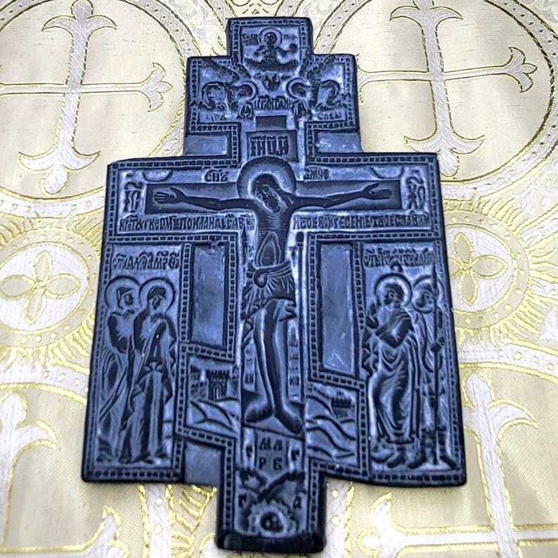Antique Orthodox Triple Cross Icon: Jesus Christ Crucifixion, Theotokos ...