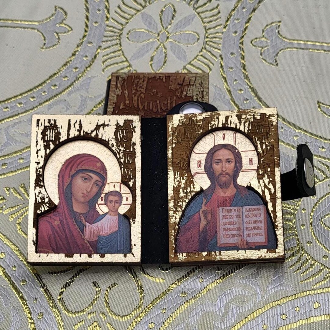 Folding Leather Hinged Wood Travel Orthodox Icons. Theotokos & Christ ...