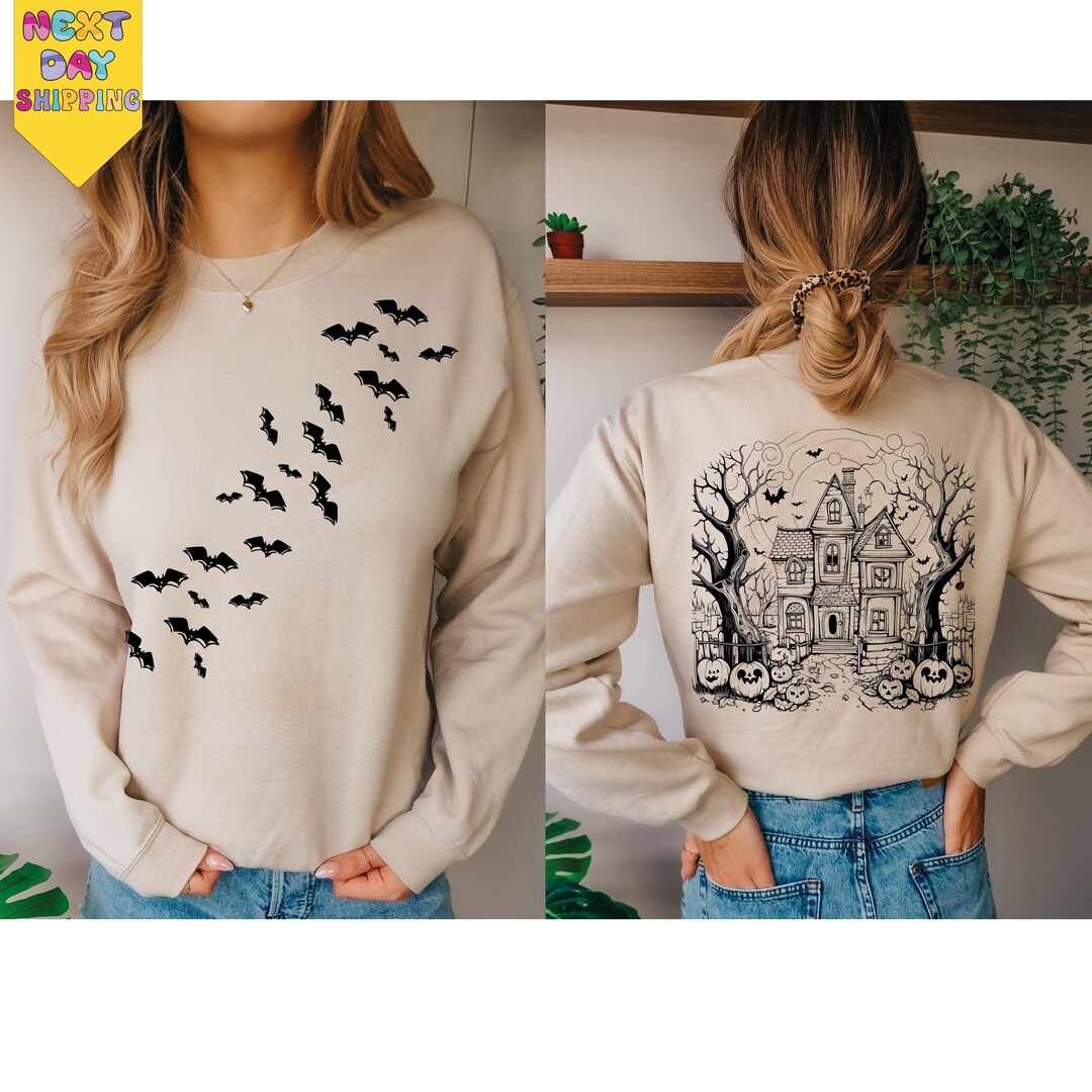 Haunted House Halloween Sweatshirt Halloween Party Bats Crewneck Spooky ...