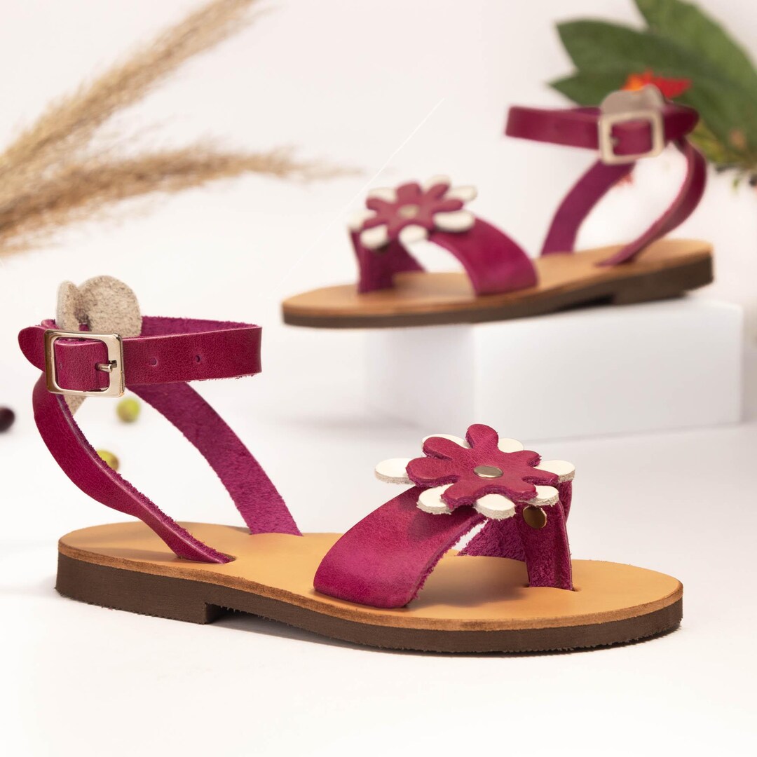 Top-grain Kid's Leather Rear Strap Sandals W/ Flower Motif, Eco ...